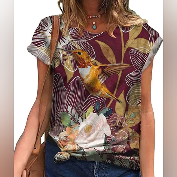 Tops | Womens Nwot Violet Hummingbird Floral Graphic Short Sleeve ...